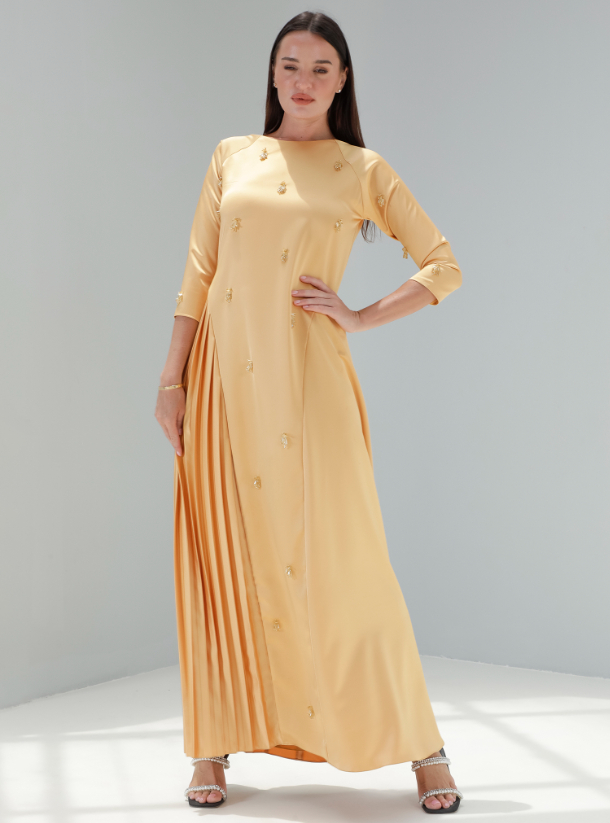 Modest A-line long dress, pleating in a curved shape on the waist till ...