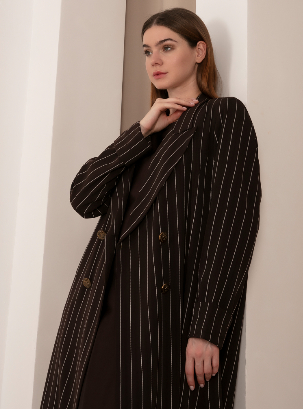 Abaya-Set12 Coat-style pinstriped Abaya with silk dress and headscarf ...