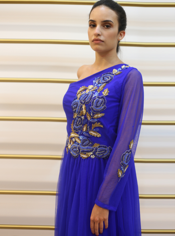 BLUE PRINCESS Blue princess dress. With an off-shoulder design on one ...