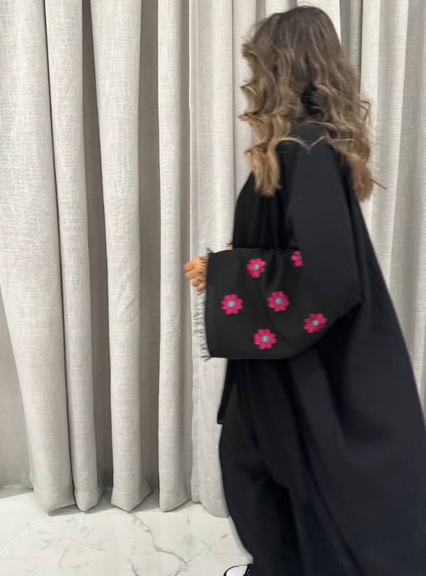 Flower Abaya Elegant black abaya with customized flower color Abayas from Abayacheck at Boksha