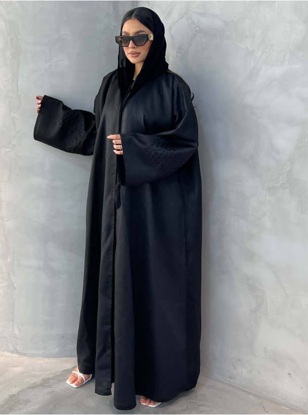 E3 Black abaya with black beads Abayas from Shelen Designs at Boksha