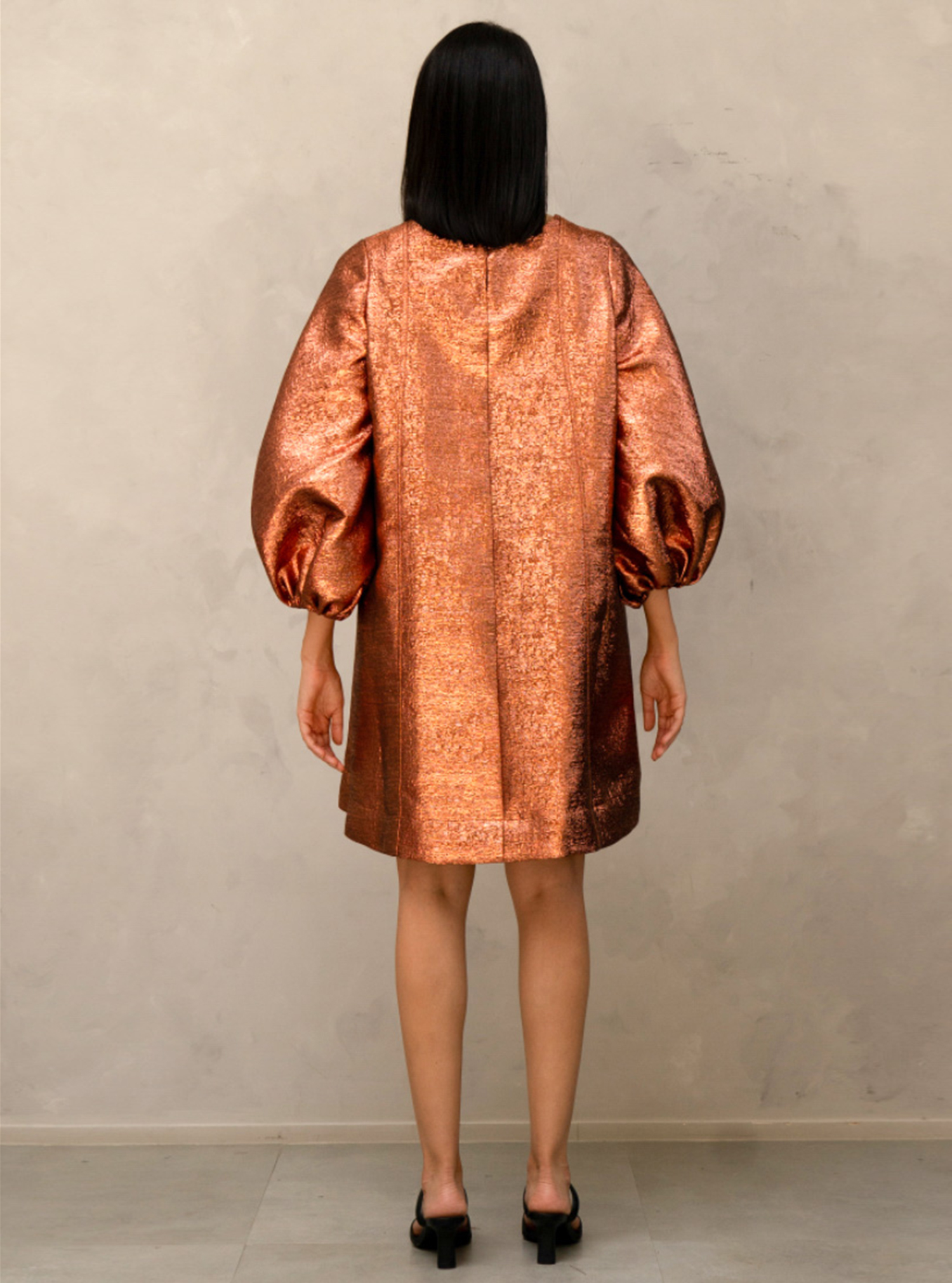 Copper Brocade Straight cut short dress, balloon sleeve, with double ...