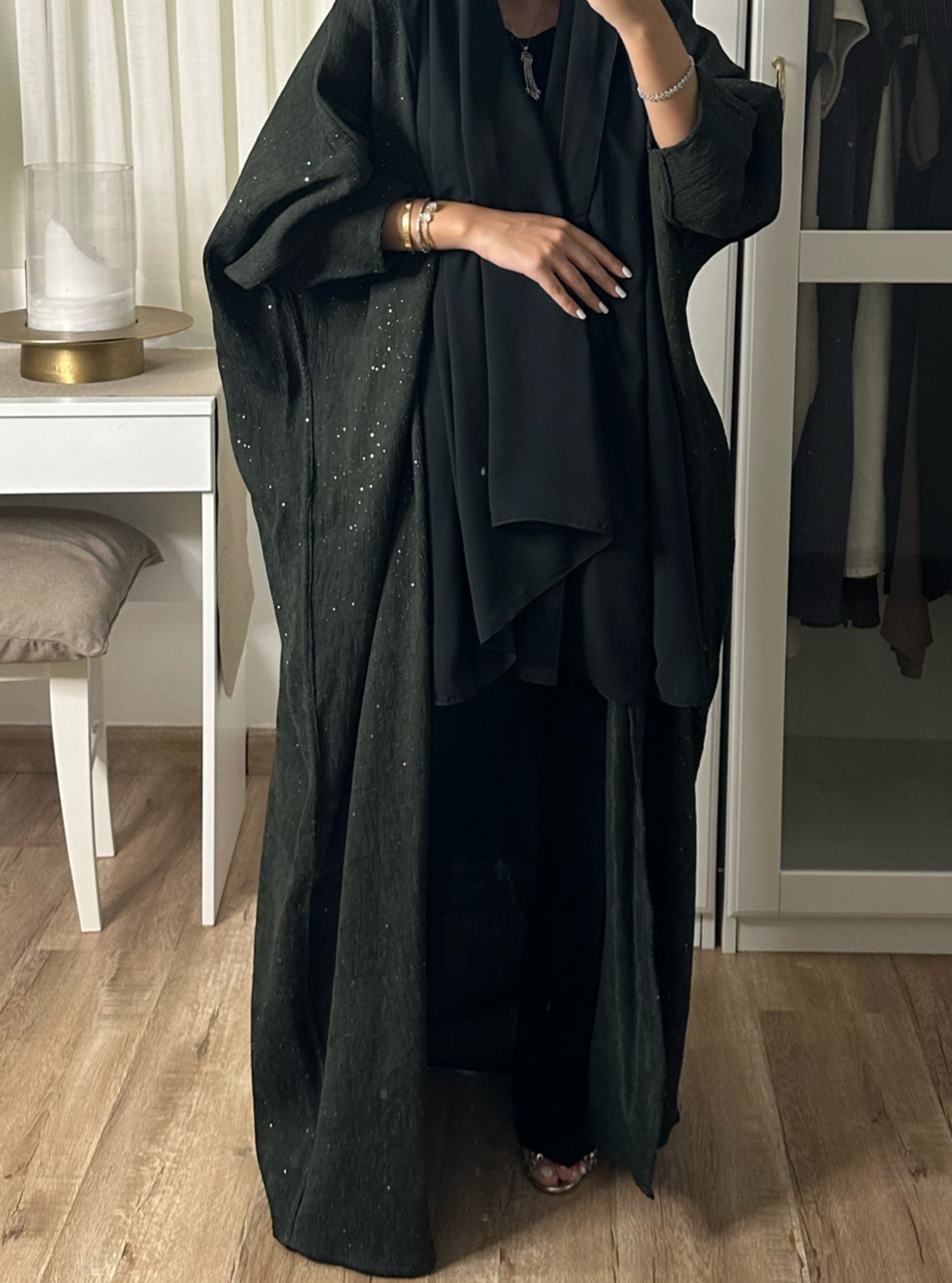 Green Sparkly Green Soft Pleated Over Sized Sparkly Abaya & Plain Head ...