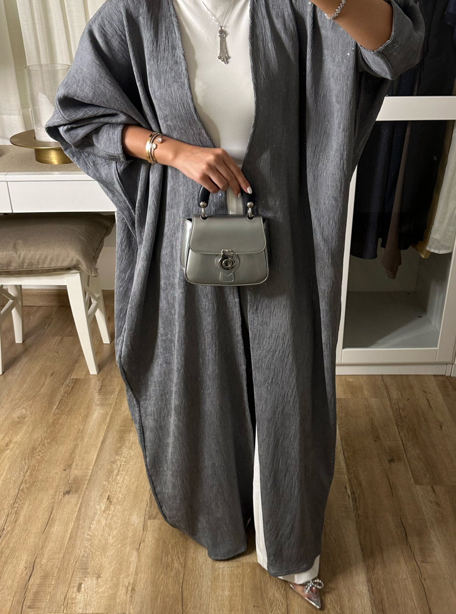 Gray Sparkly Gray Soft Pleated Over Sized Sparkly Abaya & Plain Head Scarf Abayas from Alef at ...