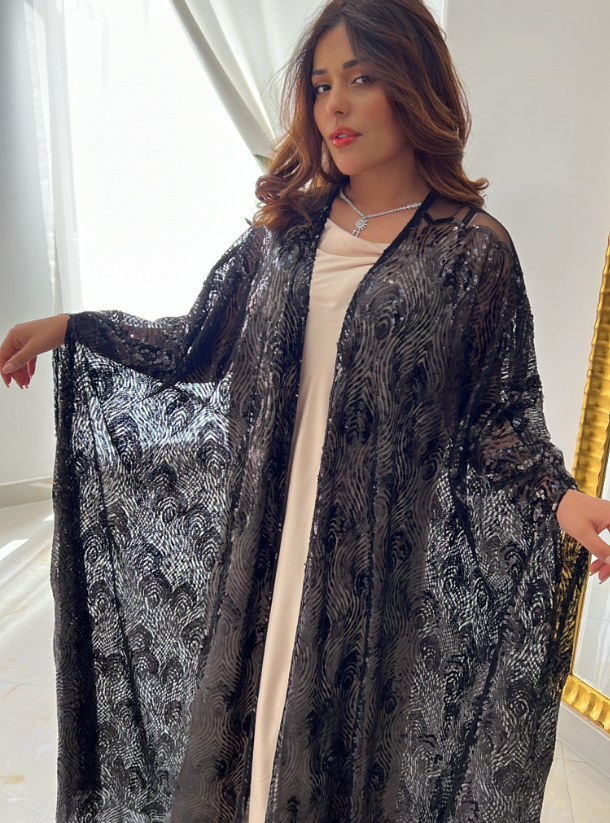 Eid collection Back sheer sequined abaya for Eid. Comes with a headscarf. Abayas from Amal Bin ...