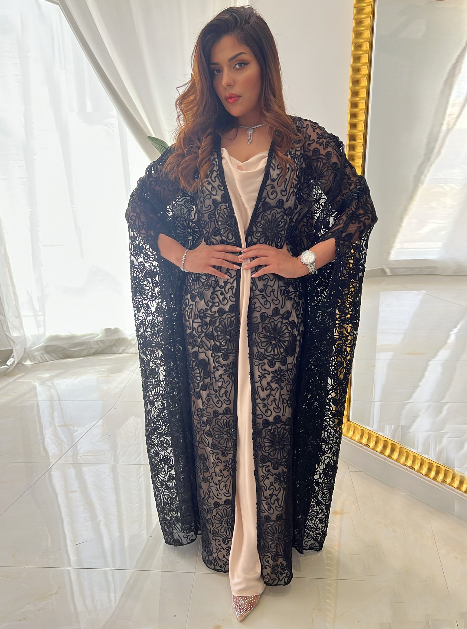 Eid collection Black sheer organza Eid abaya with textured appliques ...