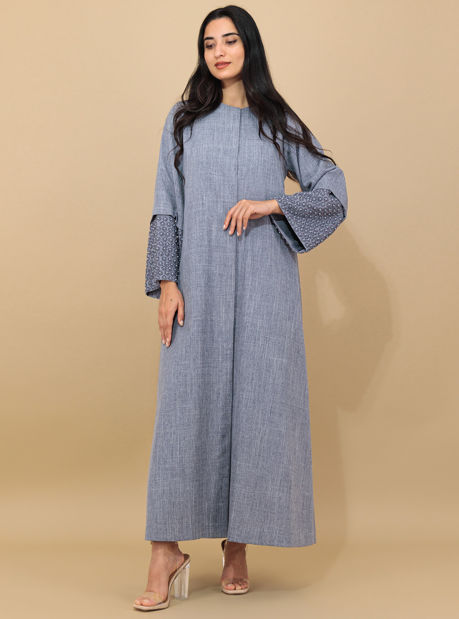 Blue Tint Abaya Beaded Sleeves Royal and Work Casual Blue Colour Abaya ...