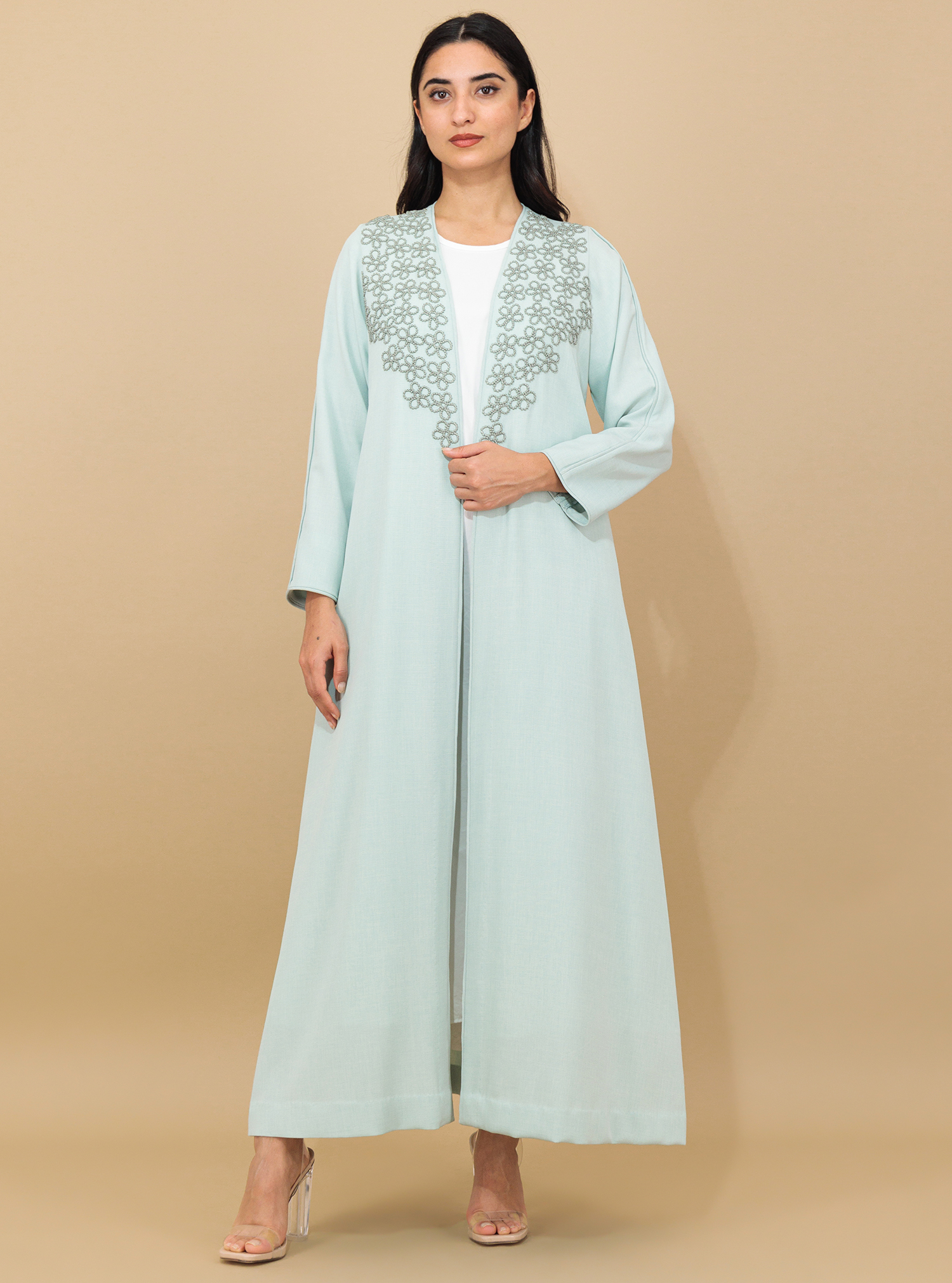 Sky Blue Abaya Elegant and Modest Light Blue Floral Neck Abaya for Work ...