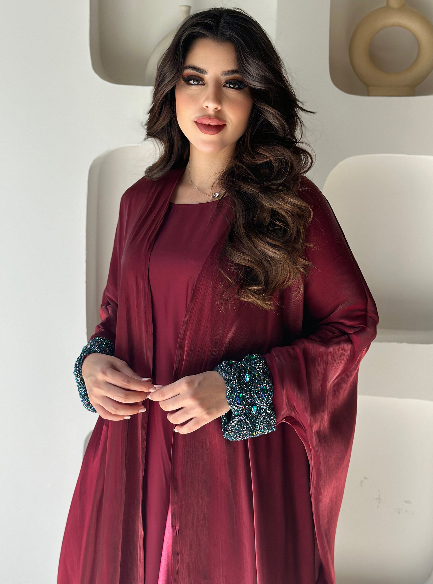 Maroon Organza Maroon organza abaya with cuffed sleeves, adorned with ...