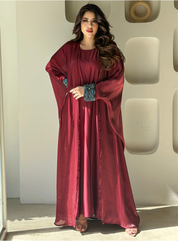Maroon Organza Maroon organza abaya with cuffed sleeves, adorned with ...