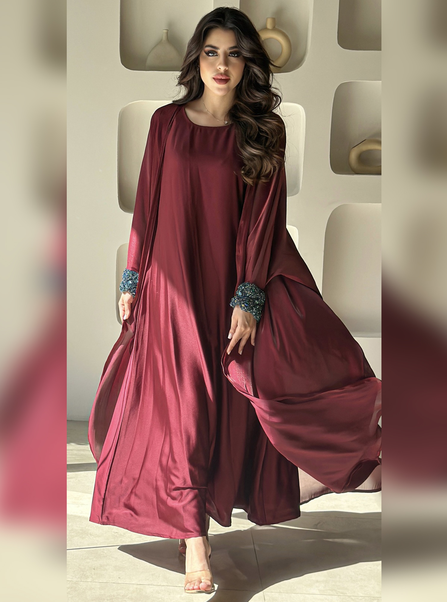 Maroon Organza Maroon organza abaya with cuffed sleeves, adorned with ...