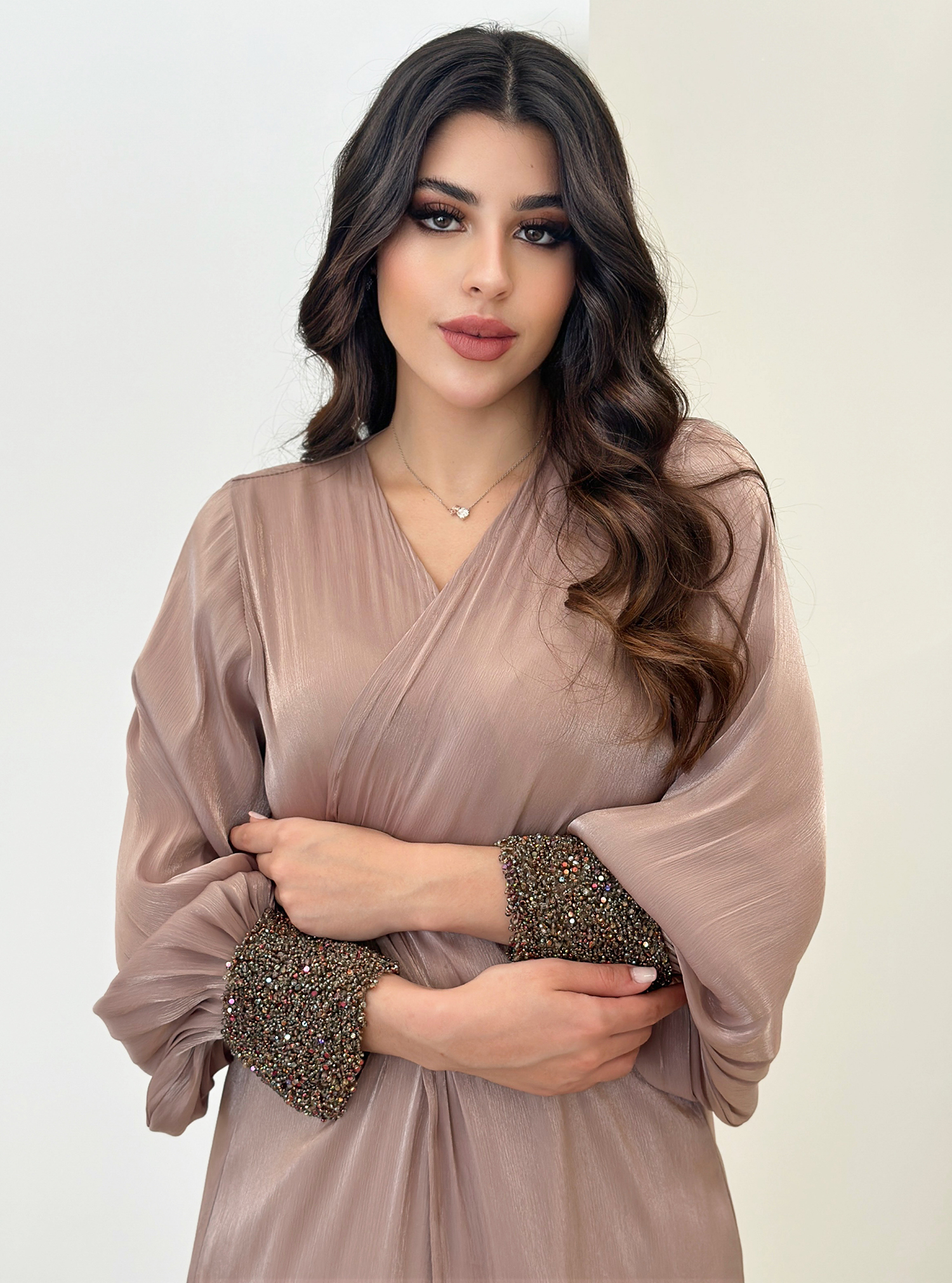 Beige Organza Beige organza abaya with cuffed sleeves, adorned with ...