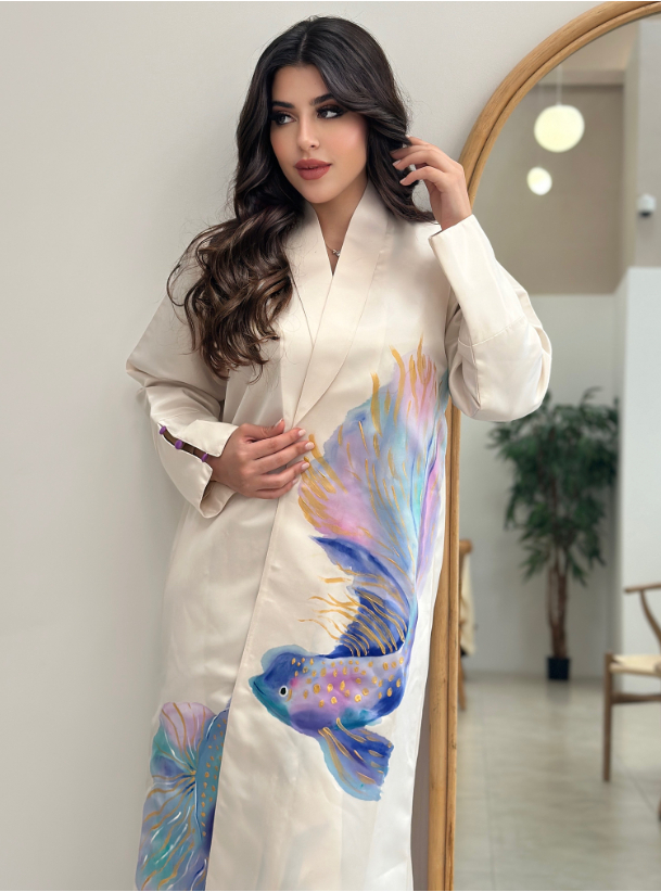 Rainbow Fish Rainbow Fish Abaya with a beautiful handmade drawing back design that adds a unique ...