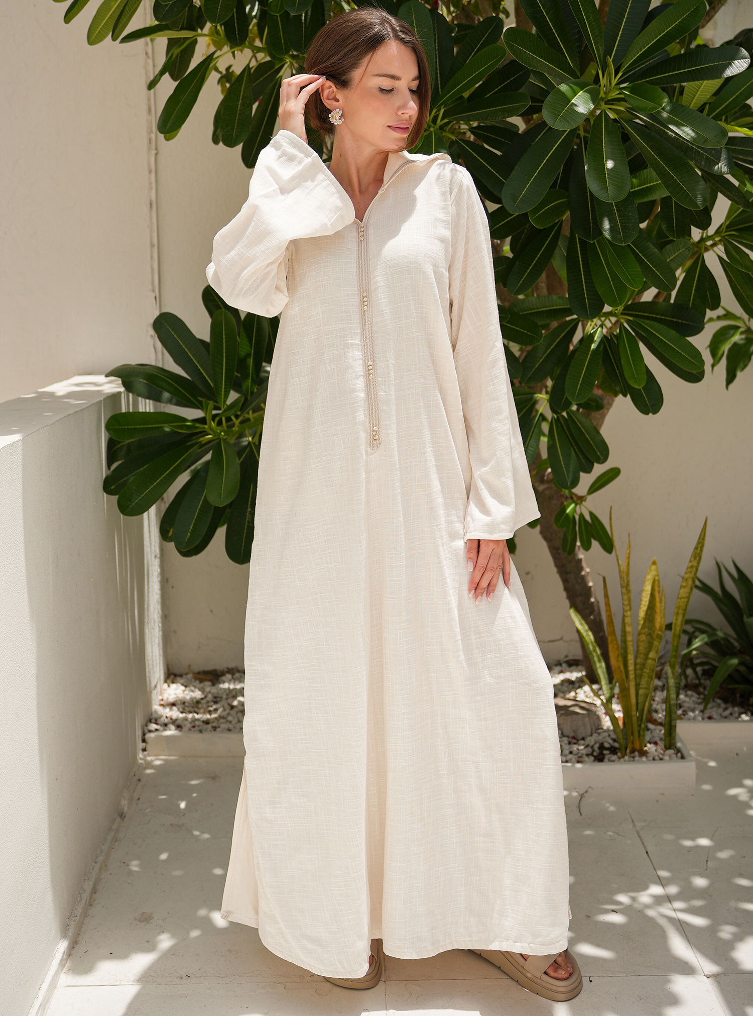 ASMAA KAFTAN Linen cotton kaftan with hoodie crafted with Moroccan ...