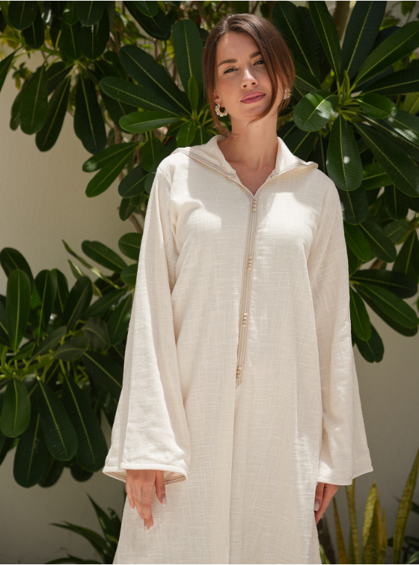 ASMAA KAFTAN Linen cotton kaftan with hoodie crafted with Moroccan safifa Kaftans from Morbel ...