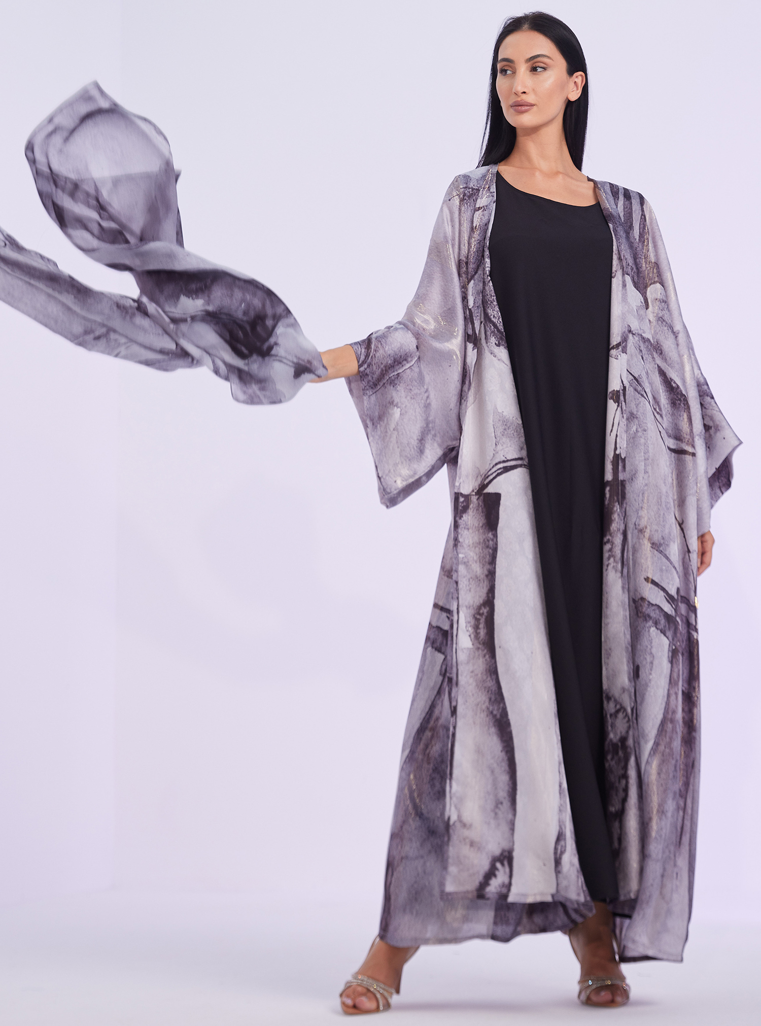 Grey Abaya 1 Printed abaya with sheila Abayas from Feryal Al Bastaki at Boksha
