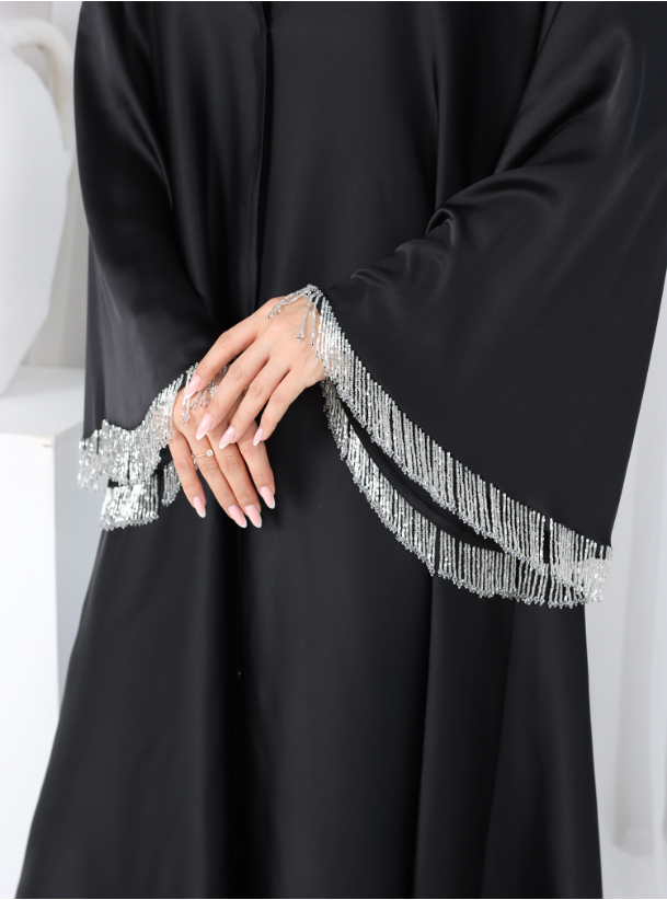 Crystal abaya Black color silk abaya with crystal bead work on sleeves ...
