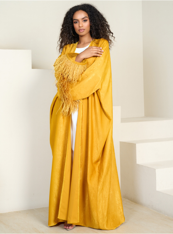 Yellow fur Mustard velvet abaya with oversized fit and delicate feather ...