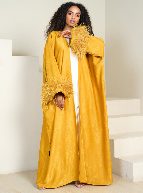 Yellow fur Mustard velvet abaya with oversized fit and delicate feather ...