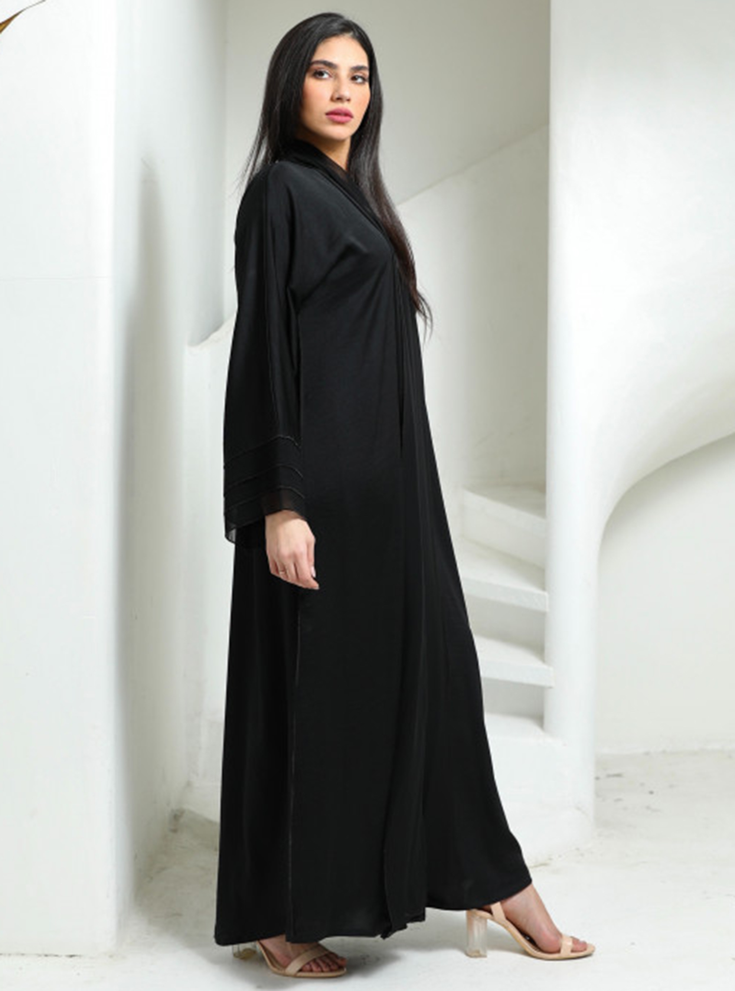 Mid Abaya 364 Washed silk fabric abaya designed with layers of chiffon ...