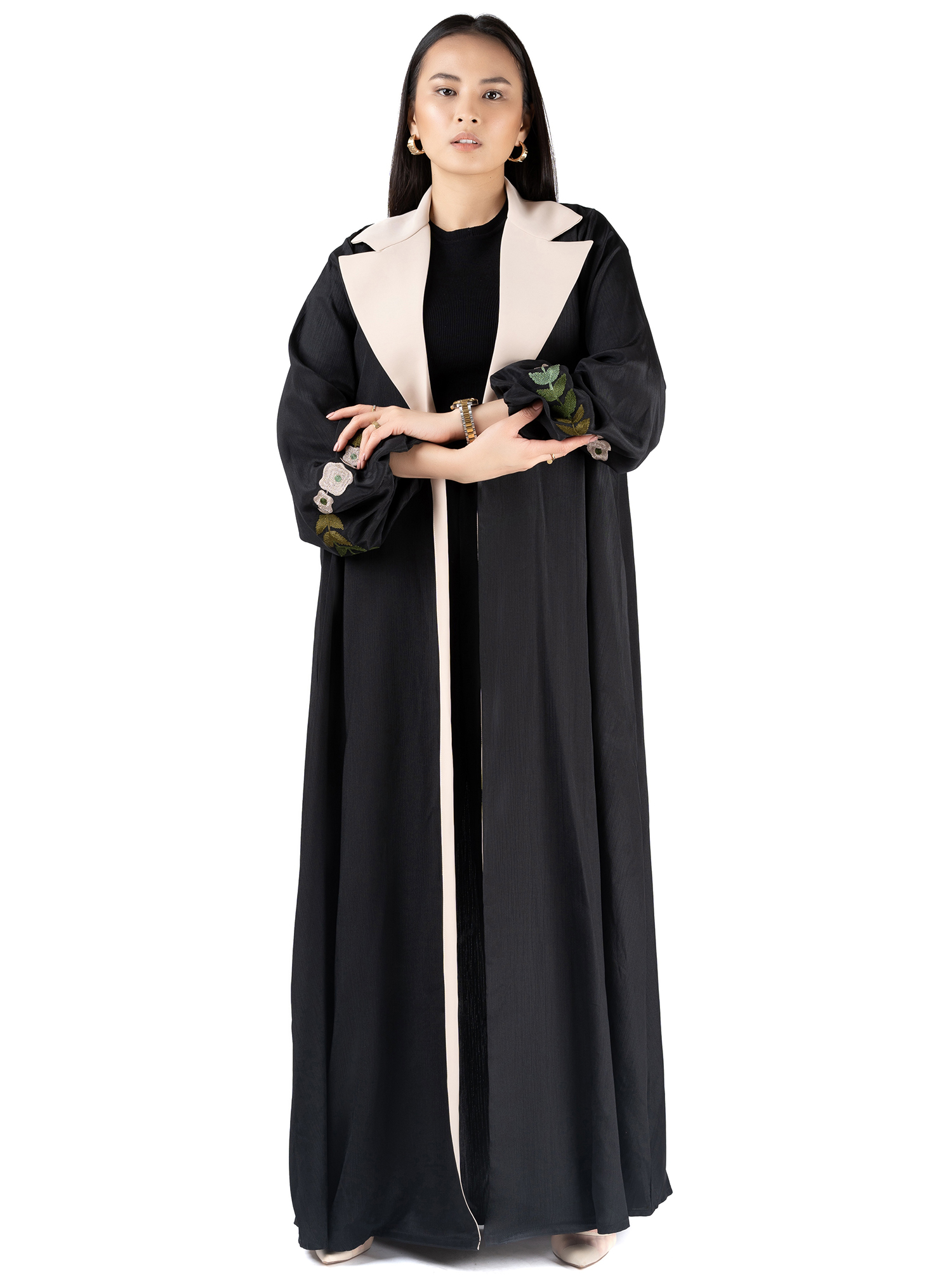 Jacket abaya Beige collar abaya with embroidery on sleeve end Abayas ...