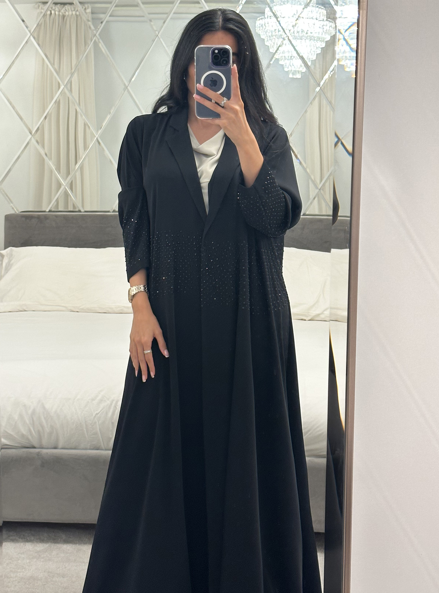 Night out abaya crepe abaya with stones - Jacket cut Abayas from Sheownit at Boksha