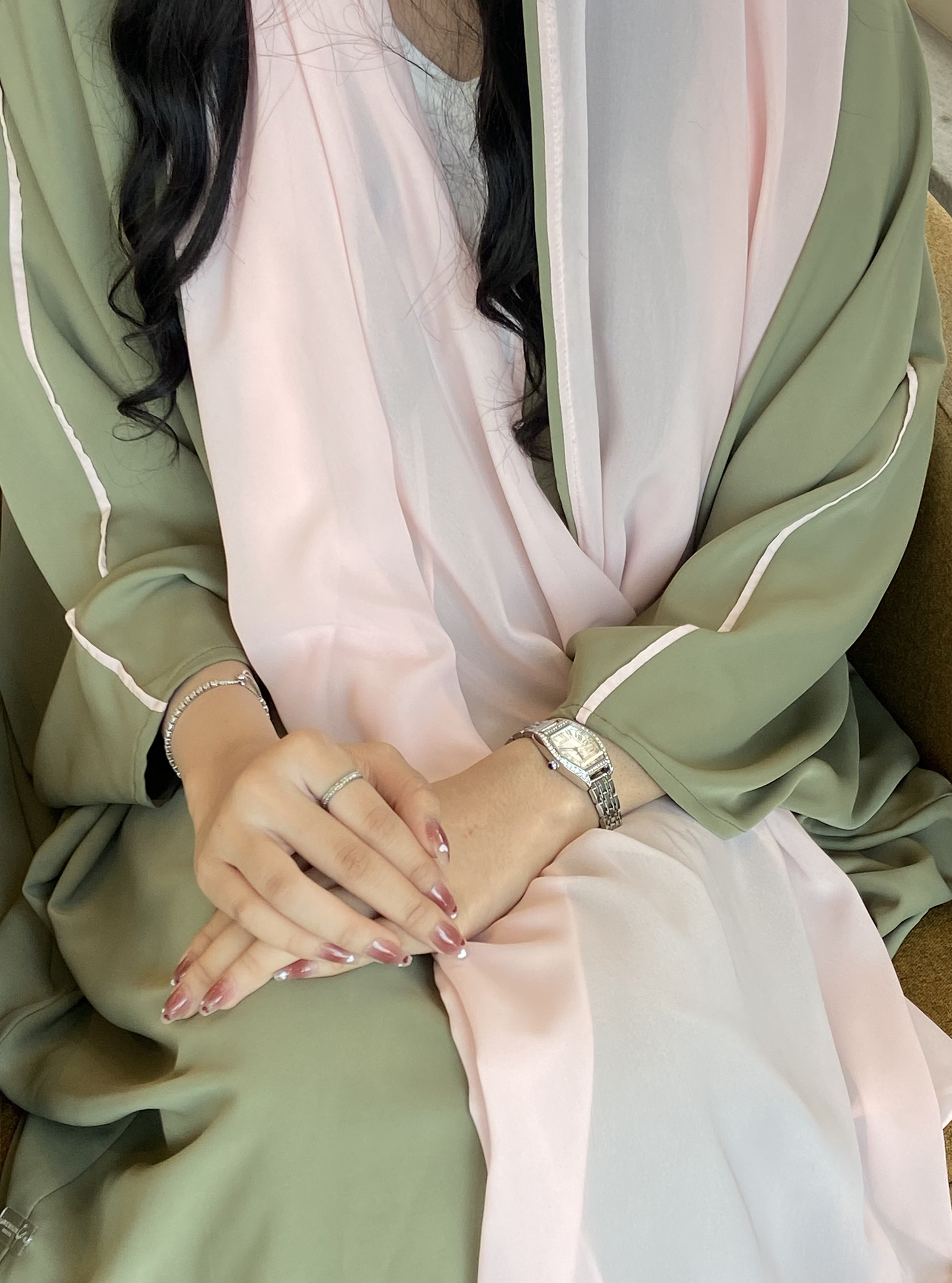 Green Bisht Sage green bisht abaya with pink piping trimmings. Abayas ...
