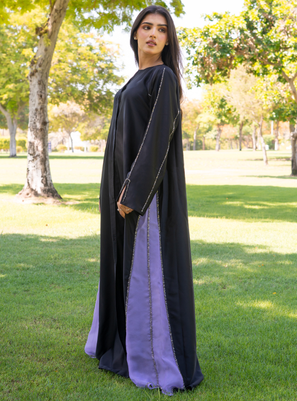 Satin abaya Black Satin abaya with elegant purple triangle cut on the ...
