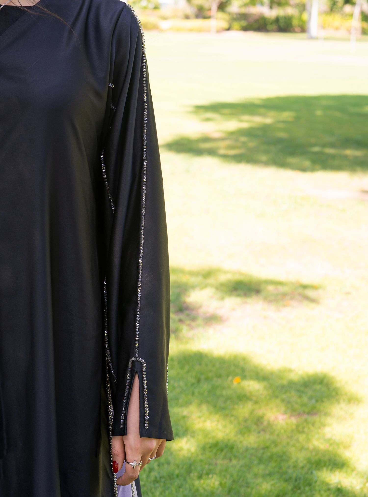Satin abaya Black Satin abaya with elegant purple triangle cut on the side with high quality ...