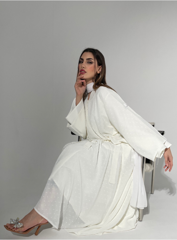 White Abaya White Wrap Abaya With Scarf Abayas from Buhra at Boksha