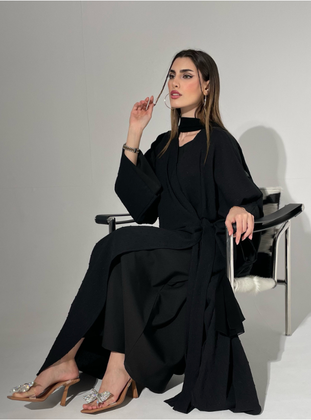 Black Abaya Black Wrap Abaya With Scarf Abayas from Buhra at Boksha