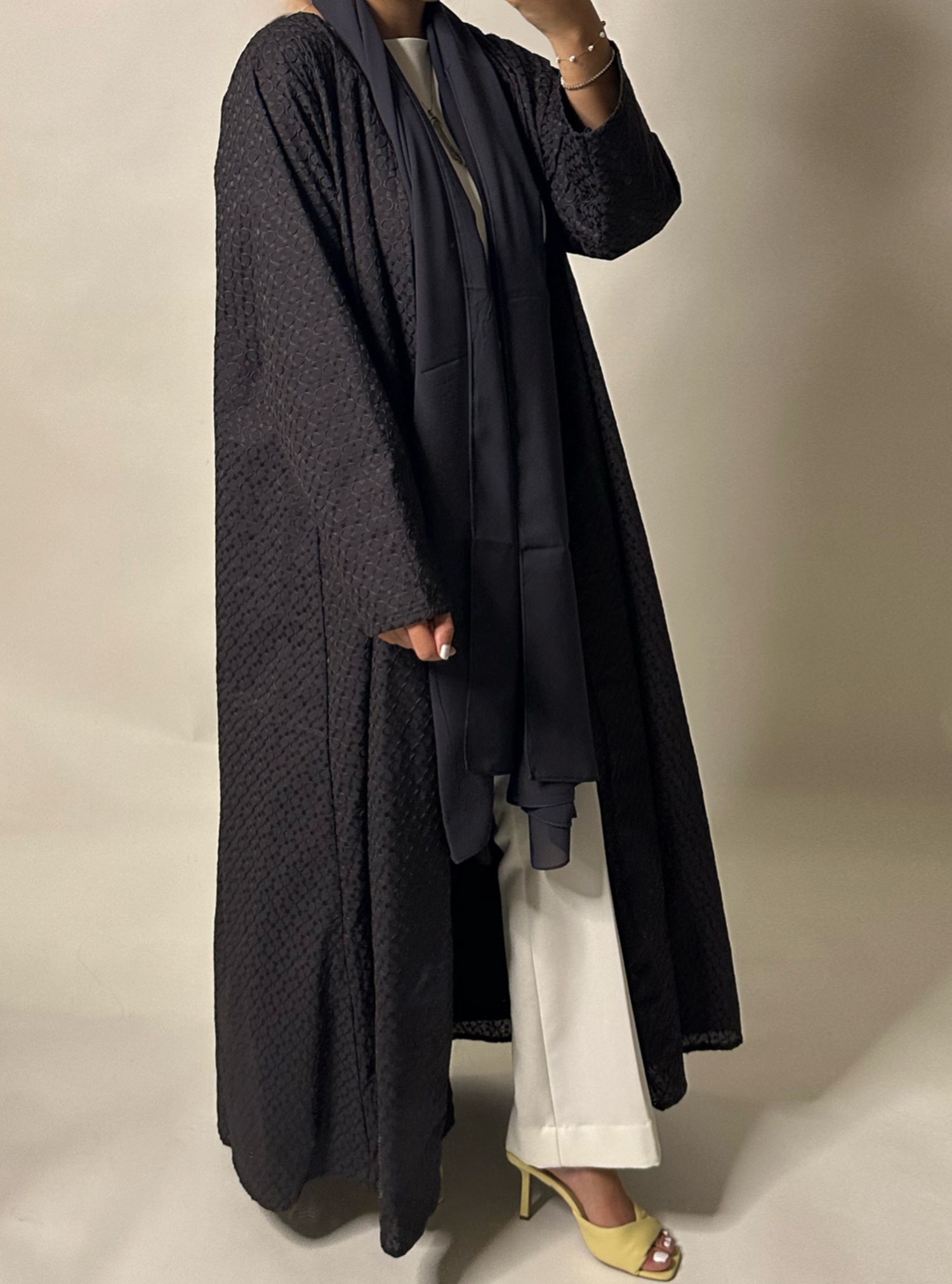 Daily Abaya Dark Gray Full Embroidery A-Cut Linen Abaya & Head Scarf ...