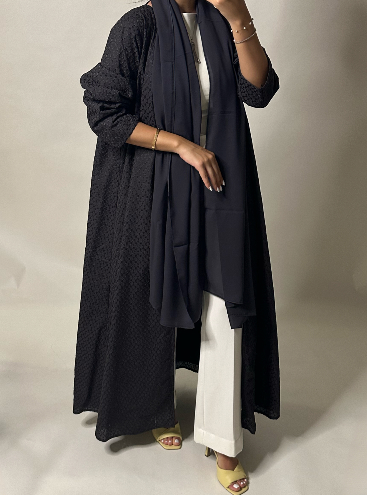 Daily Abaya Dark Gray Full Embroidery A-Cut Linen Abaya & Head Scarf ...