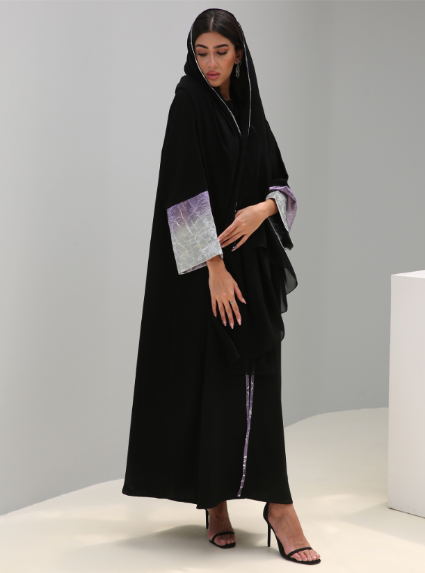 ATG- 50 Abaya Black crepe abaya with marble pattern sleeves and trimmings. Abayas from Altalli ...