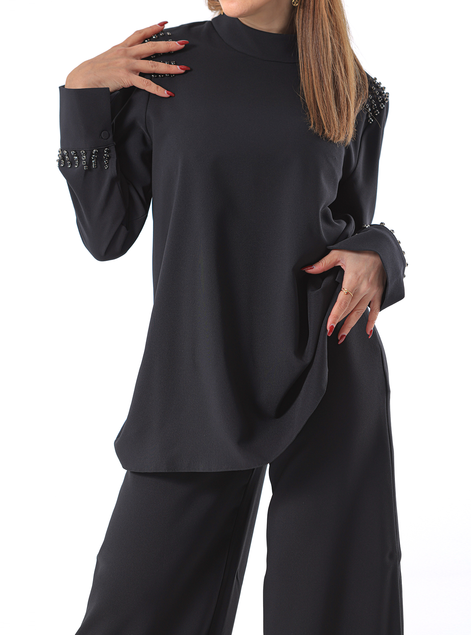 Rhinestone Set Tunic with stone details on shoulders and cuffs paired ...