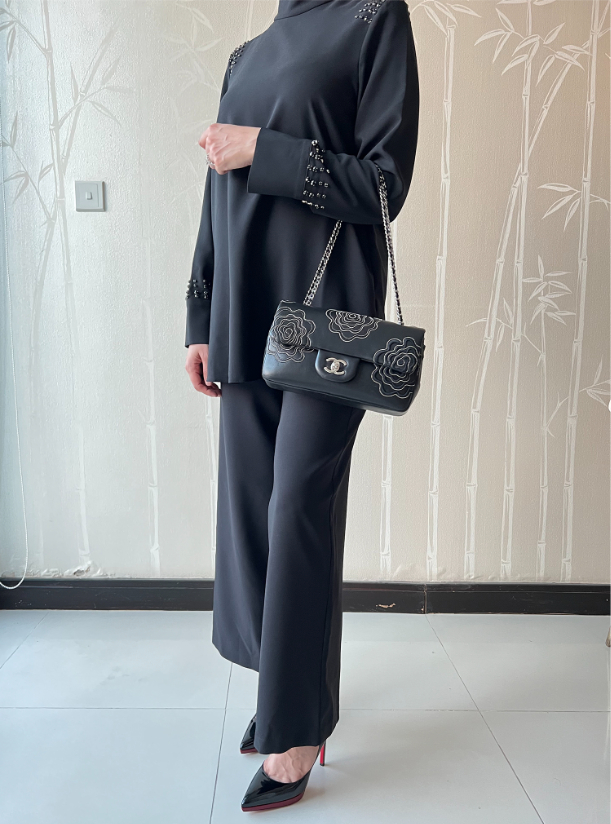 Rhinestone Set Tunic with stone details on shoulders and cuffs paired ...