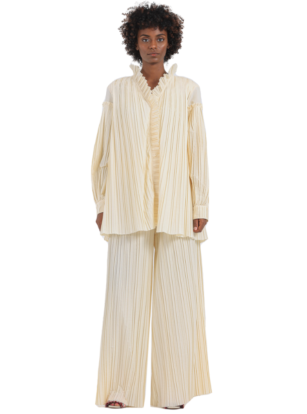 Pleated Set Pleated top with high collar, paired with elastic waisted ...