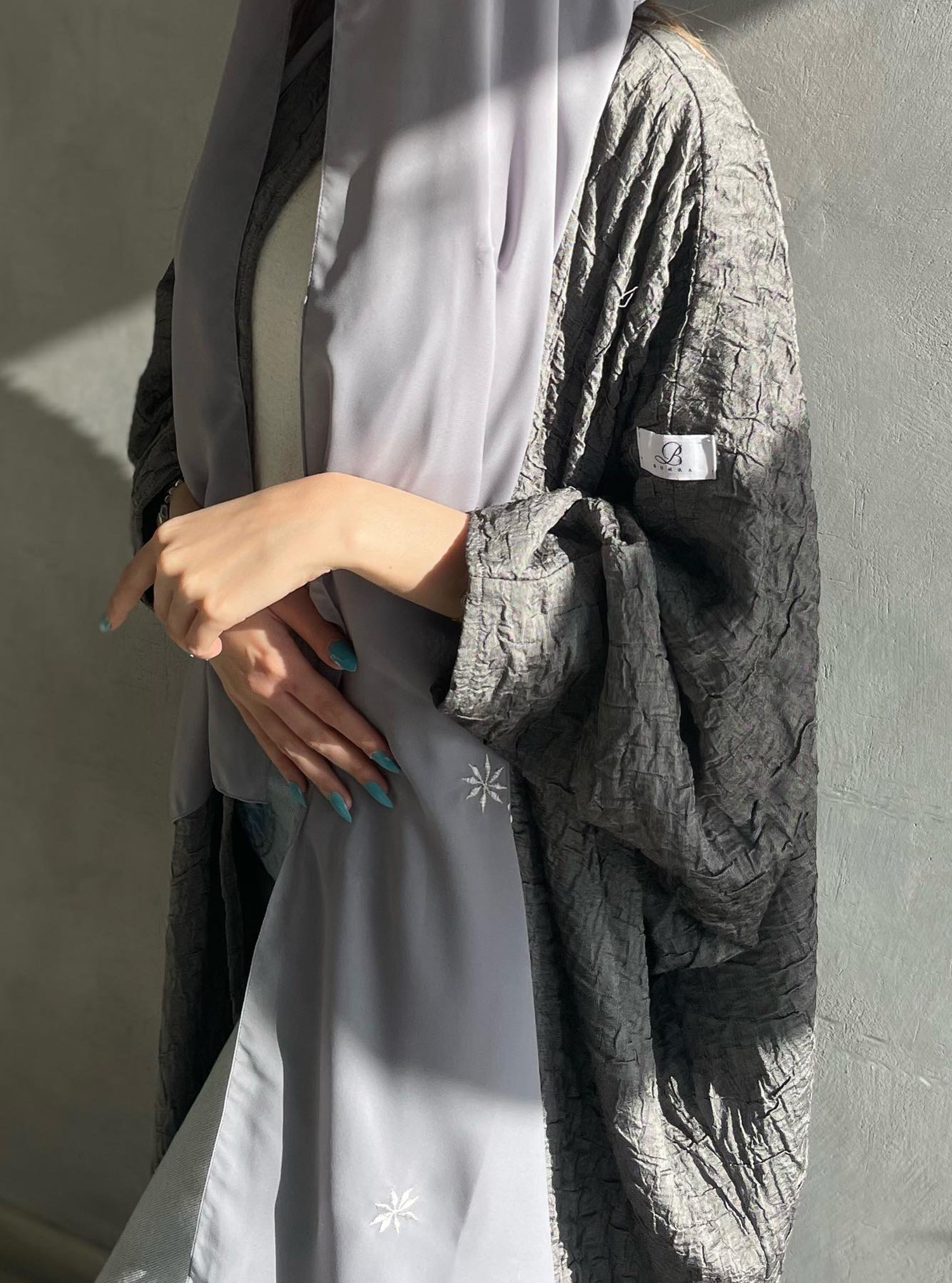 AW5-Gray Abaya Gray textured bisht Abaya With Embroidered headscarf ...