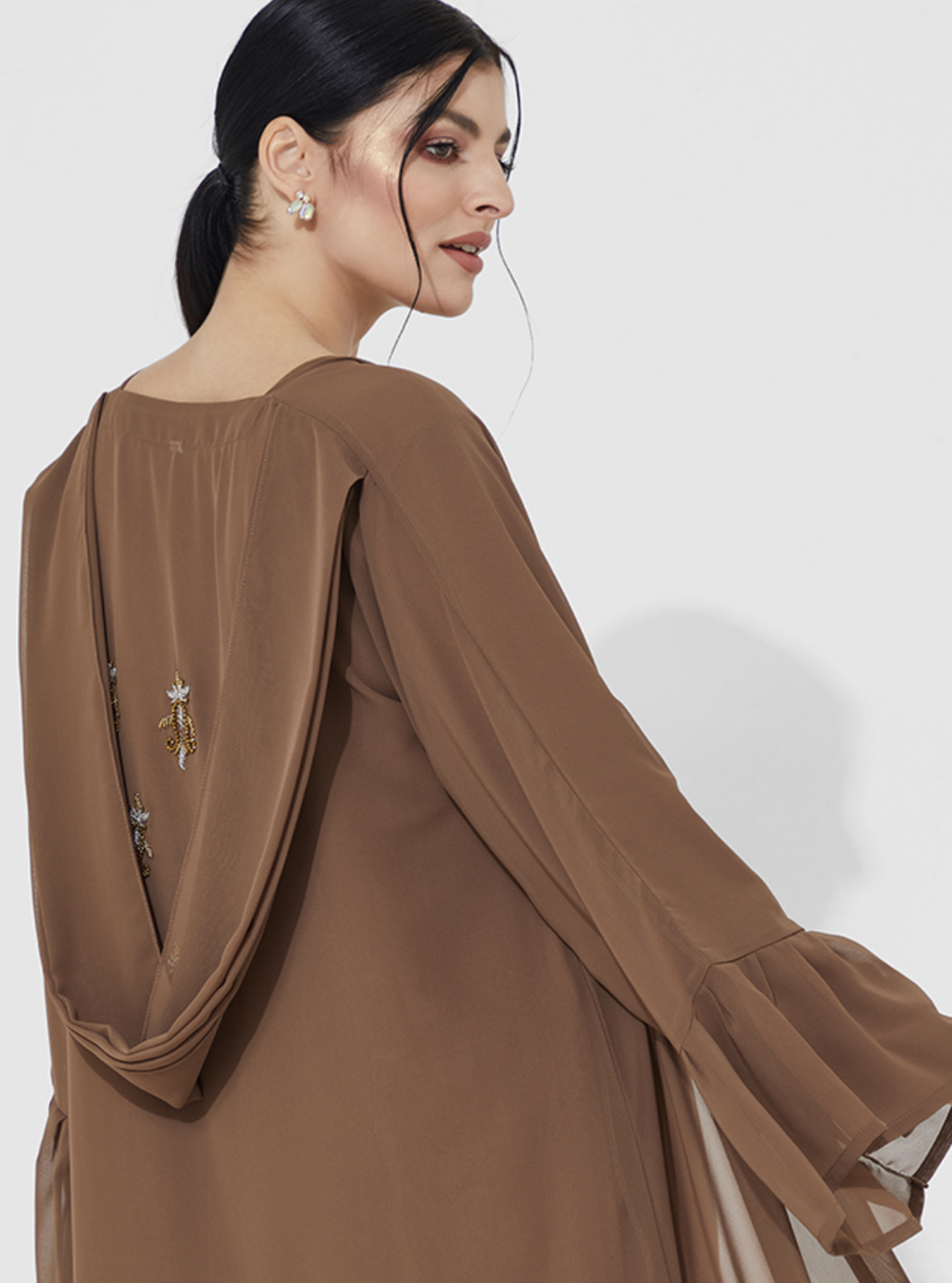 SI-Node Chiffon abaya with Pelted down side & cap back side with gold ...