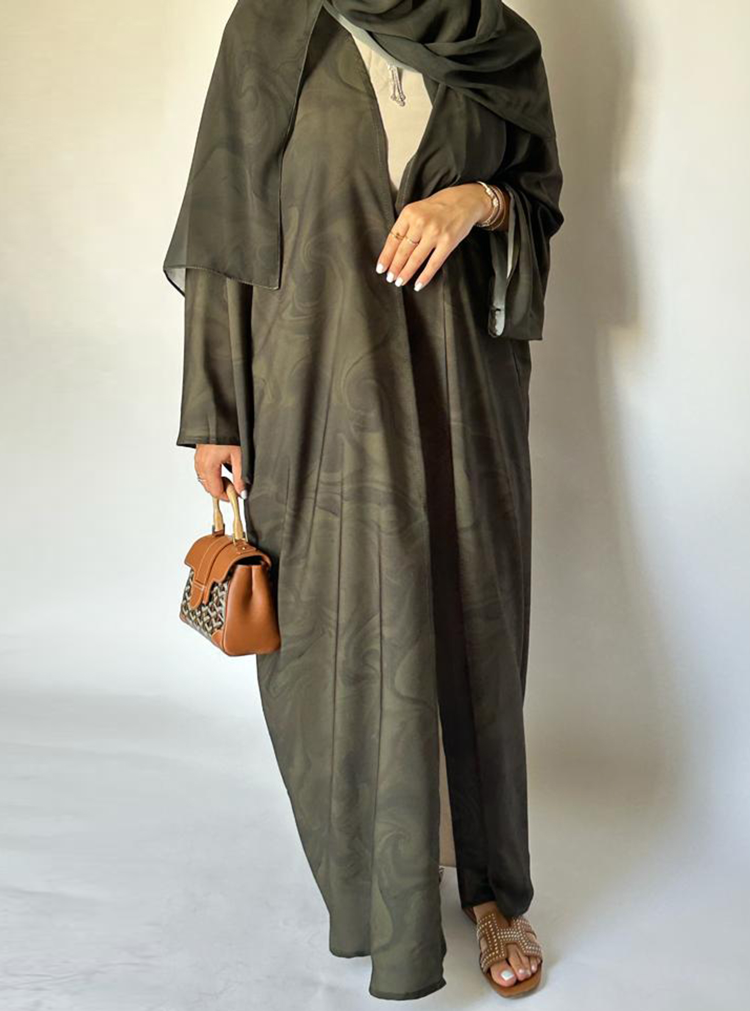 Marble Abaya Olive Green Marble Pattern Abaya (Slightly Over Sized Straight Cut) with Matching ...