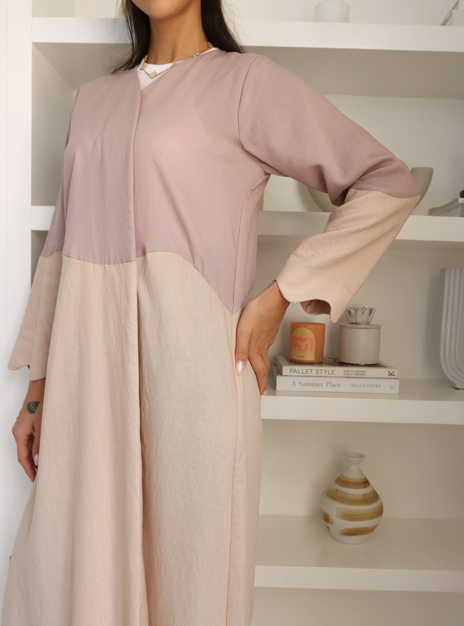 E3 Abaya Casual Abaya Collection, featuring a two-toned blush pink abaya with wavy sleeve ...