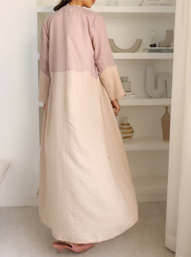 E3 Abaya Casual Abaya Collection, featuring a two-toned blush pink abaya with wavy sleeve ...