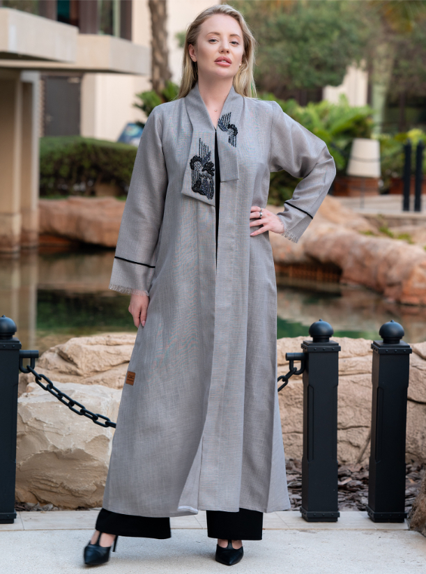 Grey abaya Grey abaya with embellished shawl collar and fringe sleeve ...