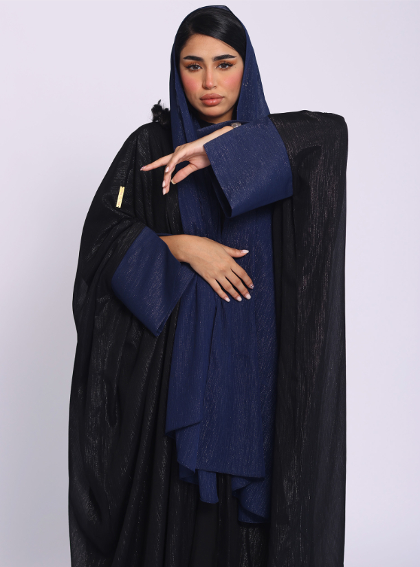 MISS Abaya Black and blue colorblock metallic abaya with headscarf. Abayas from Snow Couture at ...