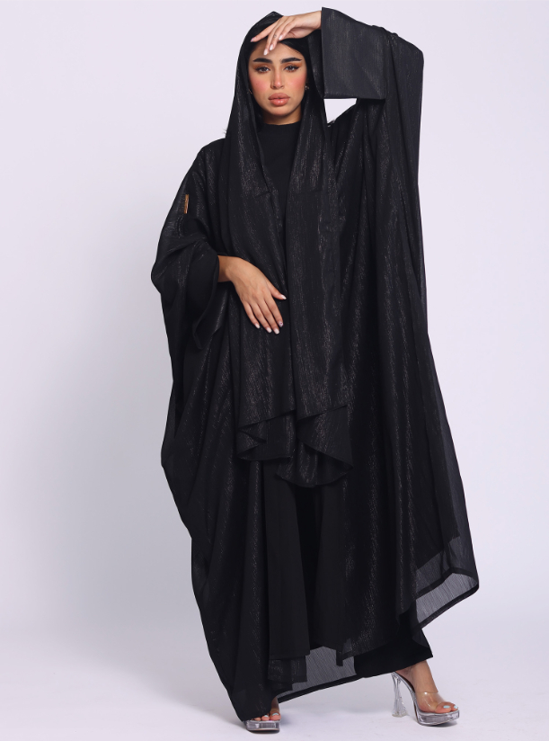 MISS Abaya Black metallic abaya with headscarf. Abayas from Snow Couture at Boksha