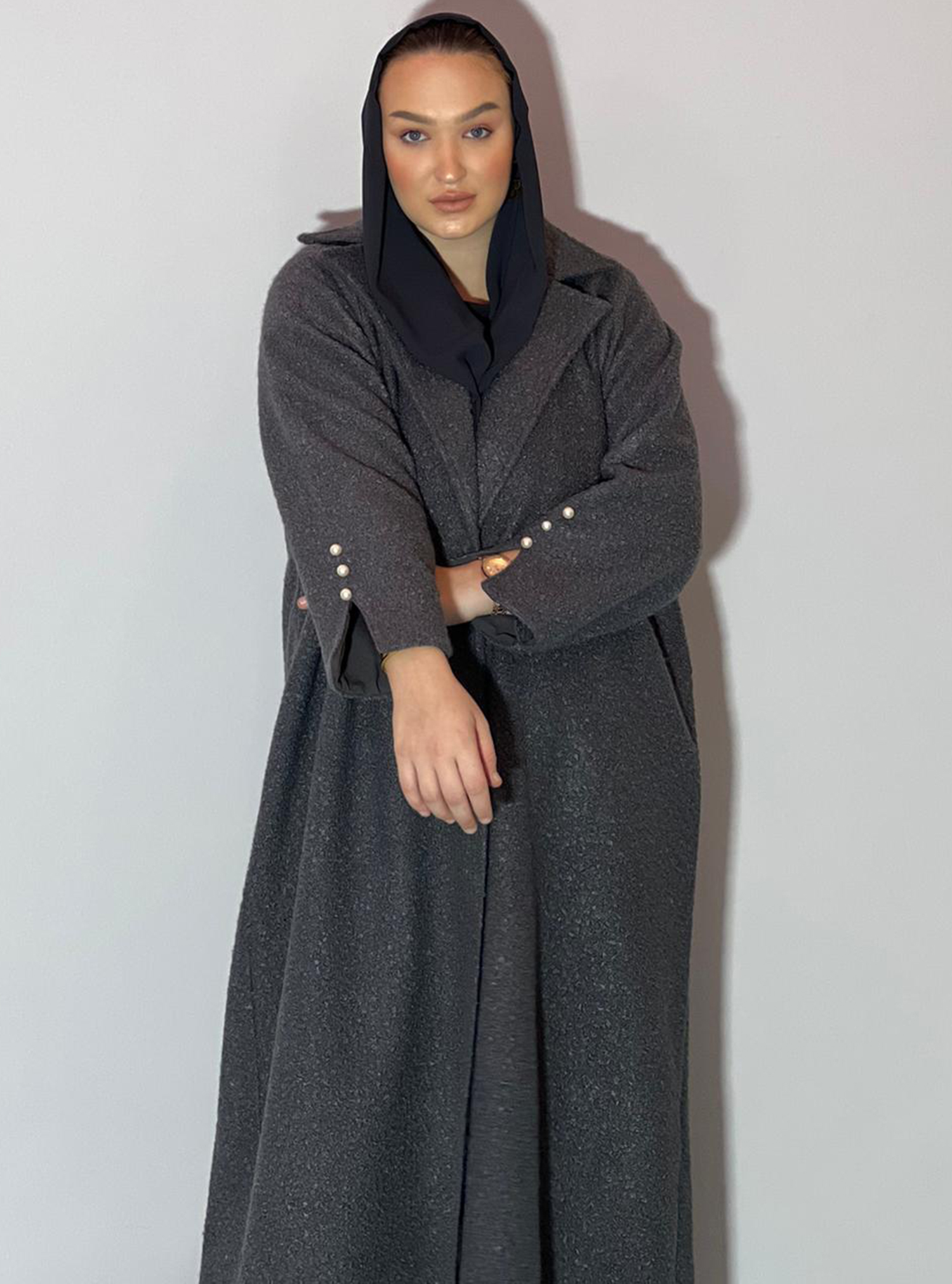 Gray winter Open over coat abaya with buttoned sleeves. Abayas from Dikishane design at Boksha