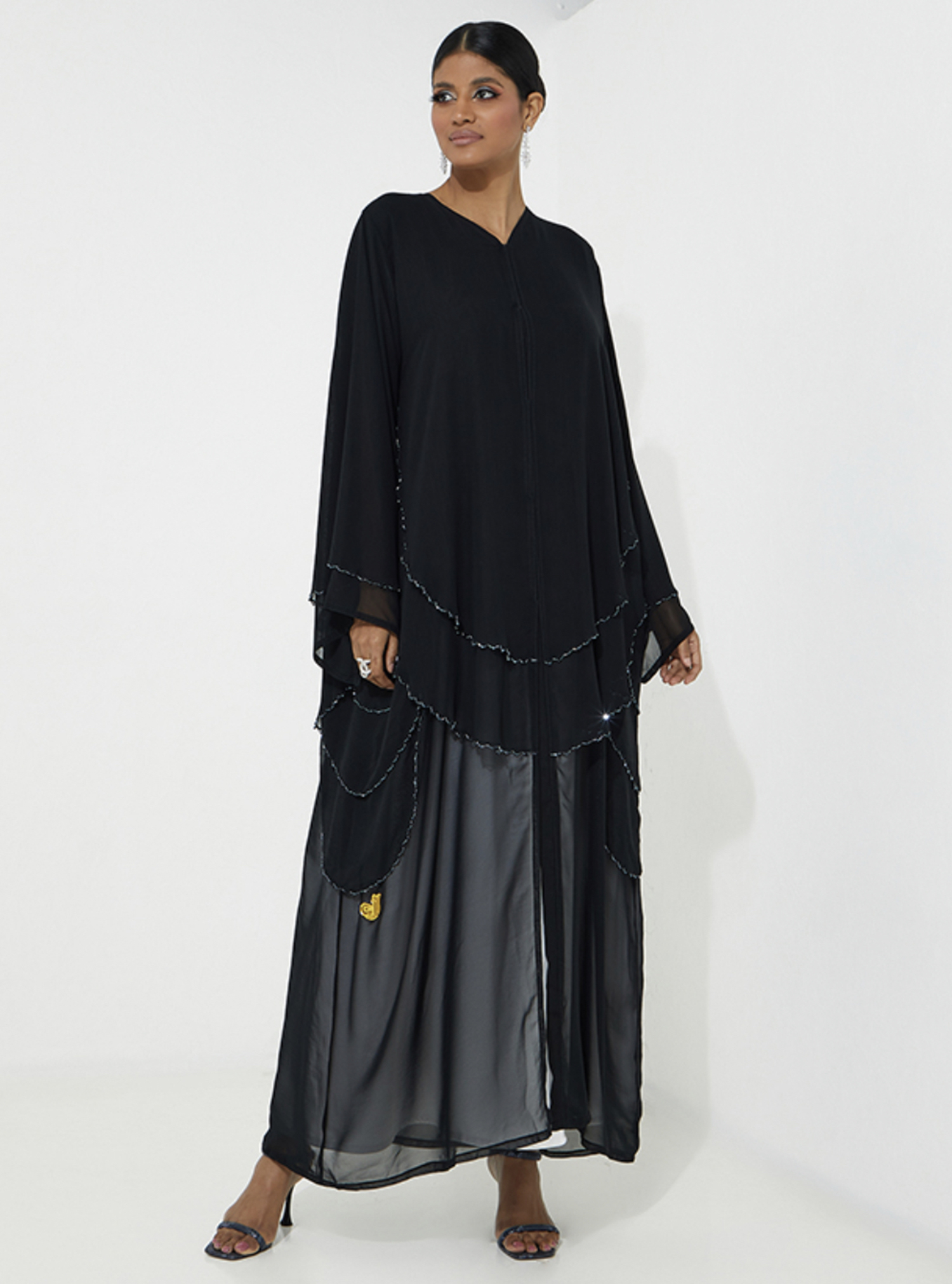 Blackslides Chiffon abaya with layers and wide sleeves with crystal and ...