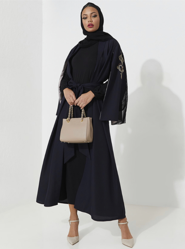 Navy Royal Navy abaya with embellished cape sleeves. Comes with an ...