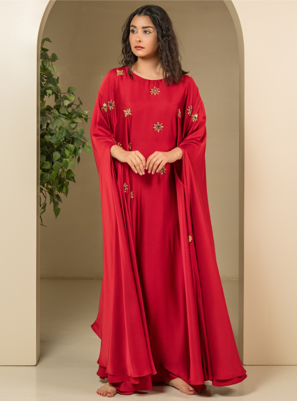 Red Kaftan Red oversized cape kaftan adorned with embellishments ...