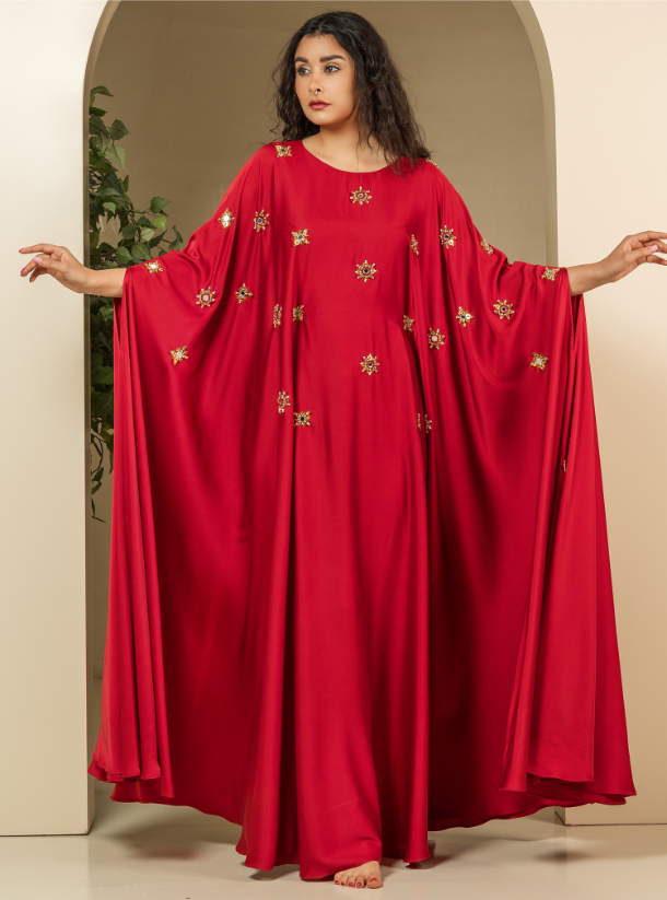 Red Kaftan Red oversized cape kaftan adorned with embellishments ...